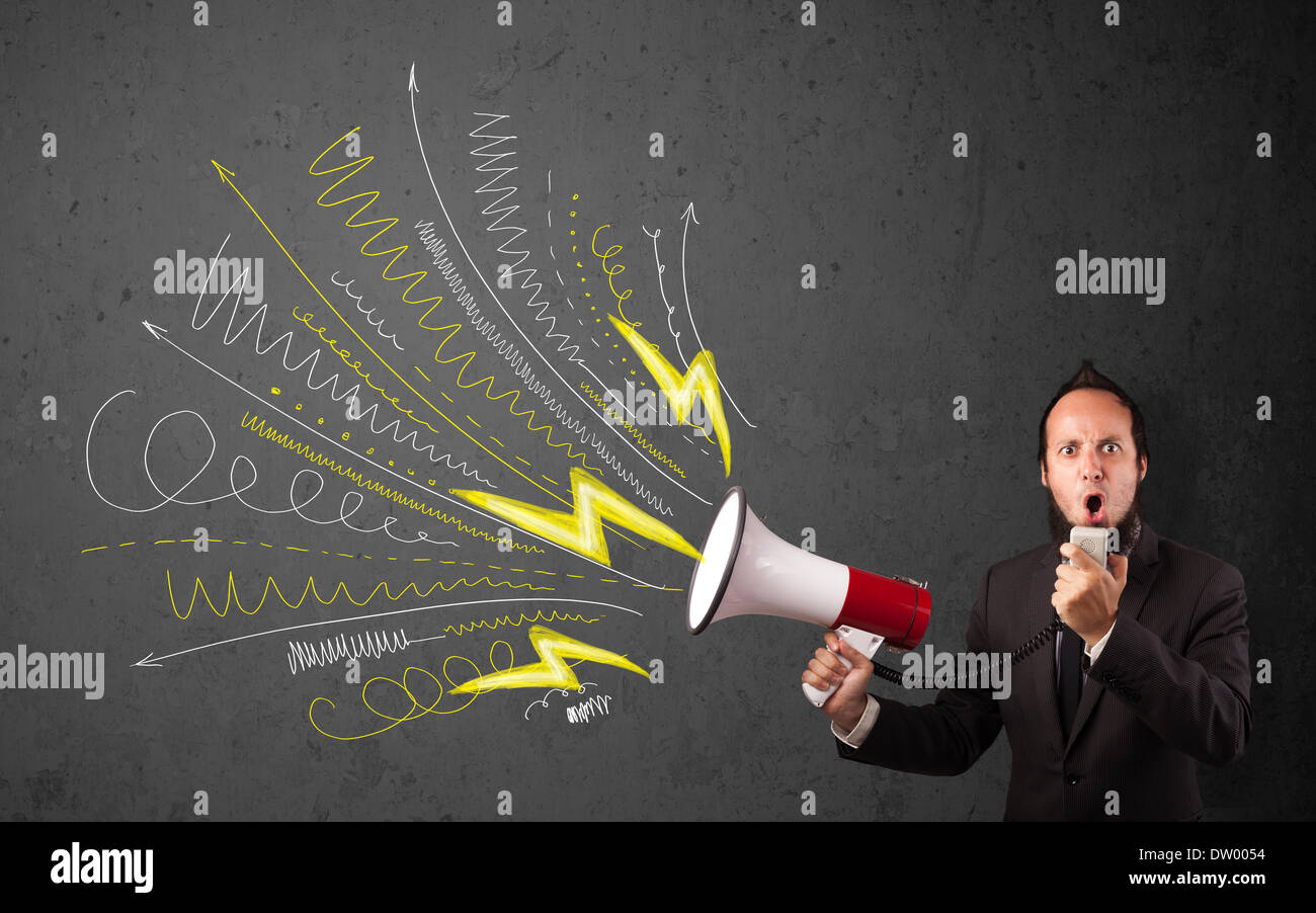 Leader guy shouting into megaphone with hand drawn lines and arrows ...