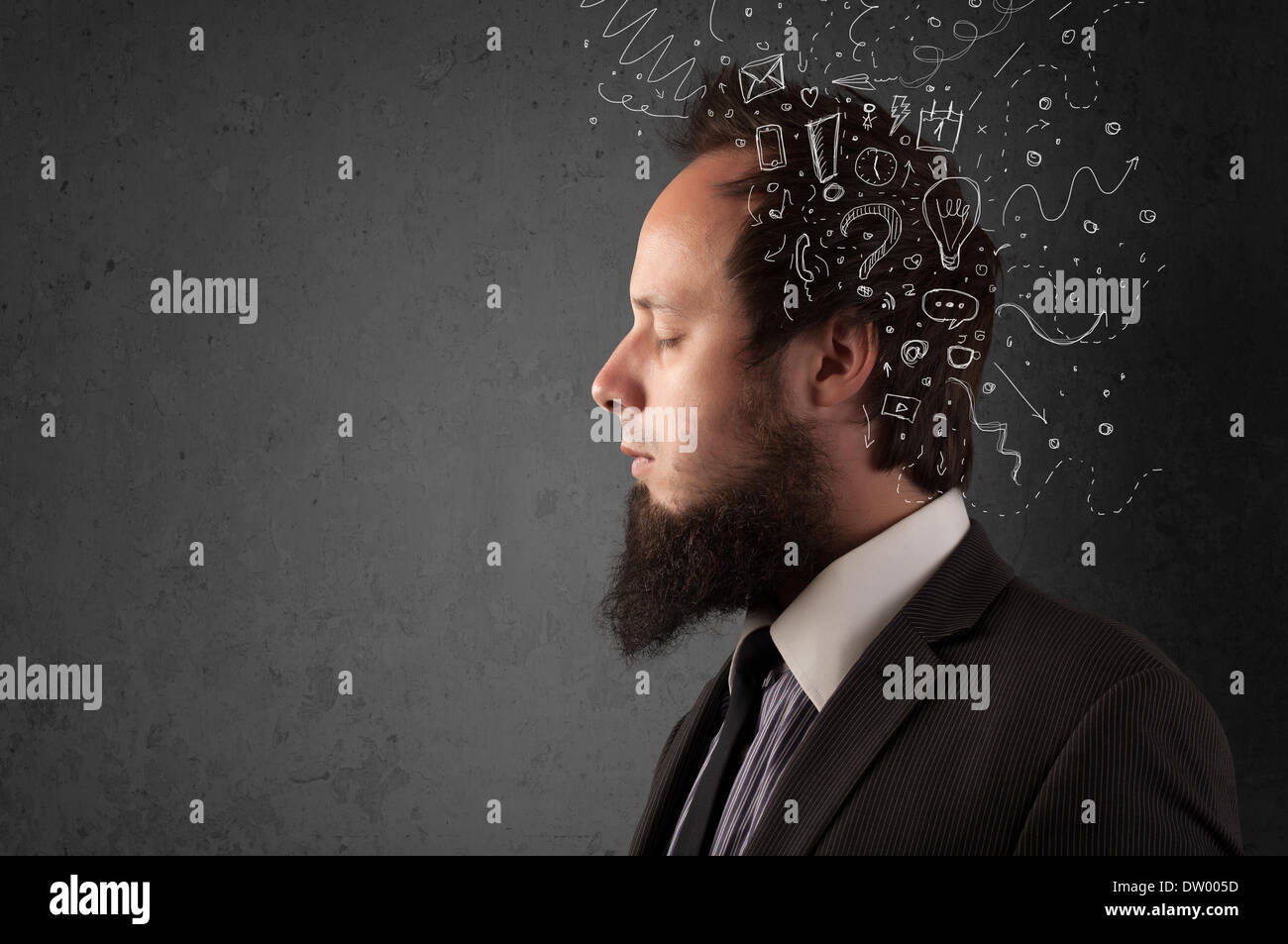 Young man thinking with abstract lines and symbols Stock Photo - Alamy