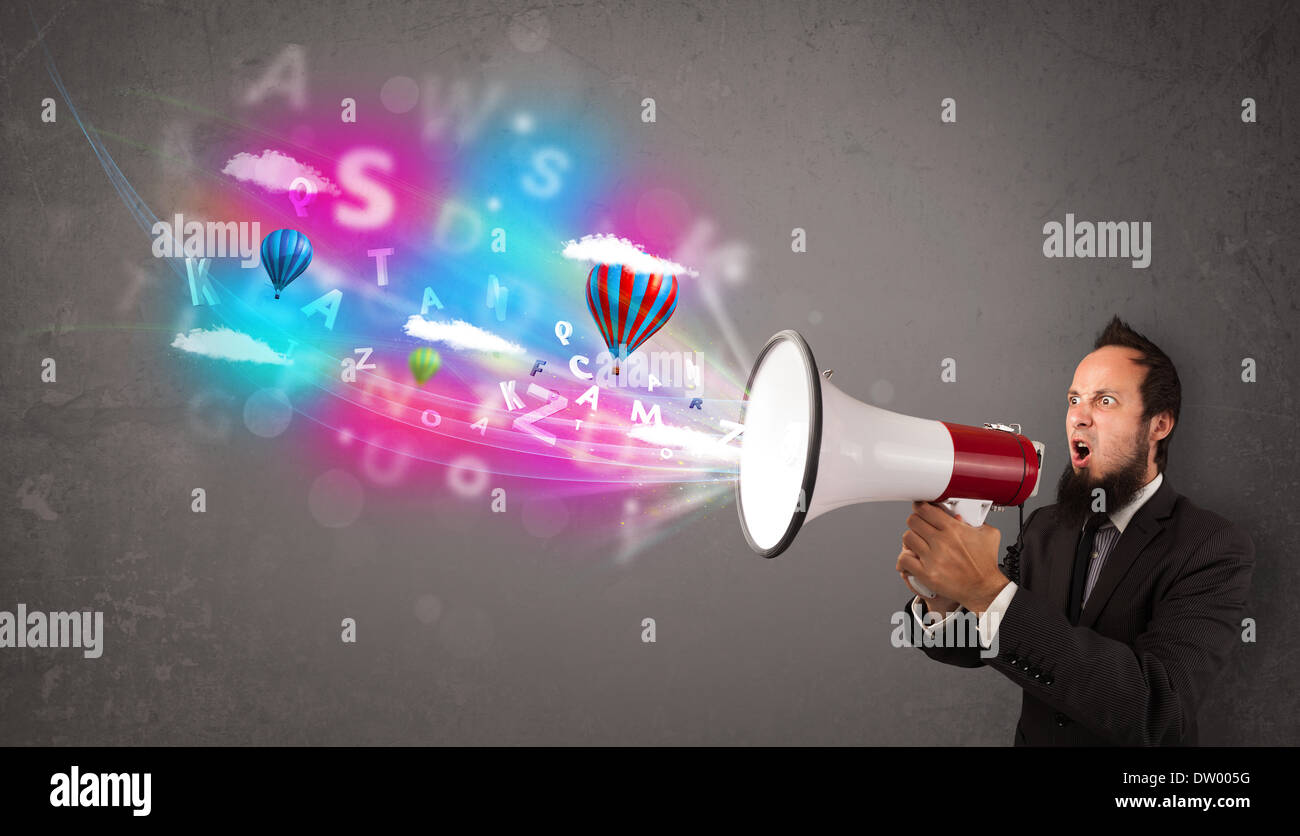 Man shouting into megaphone and abstract text and balloons come out ...