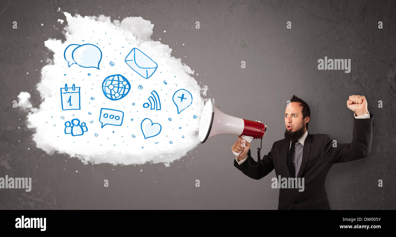 Man shouting into loudspeaker and modern blue icons and symbols come ...
