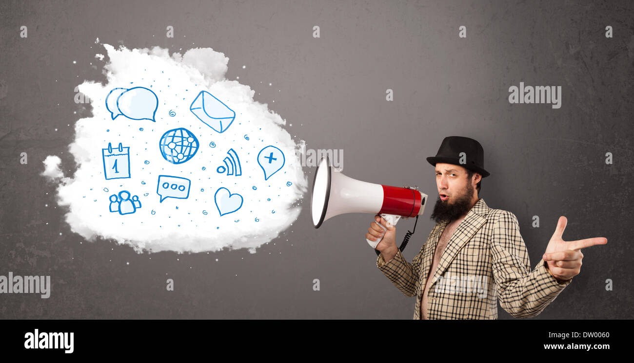 Man shouting into loudspeaker and modern blue icons and symbols come ...