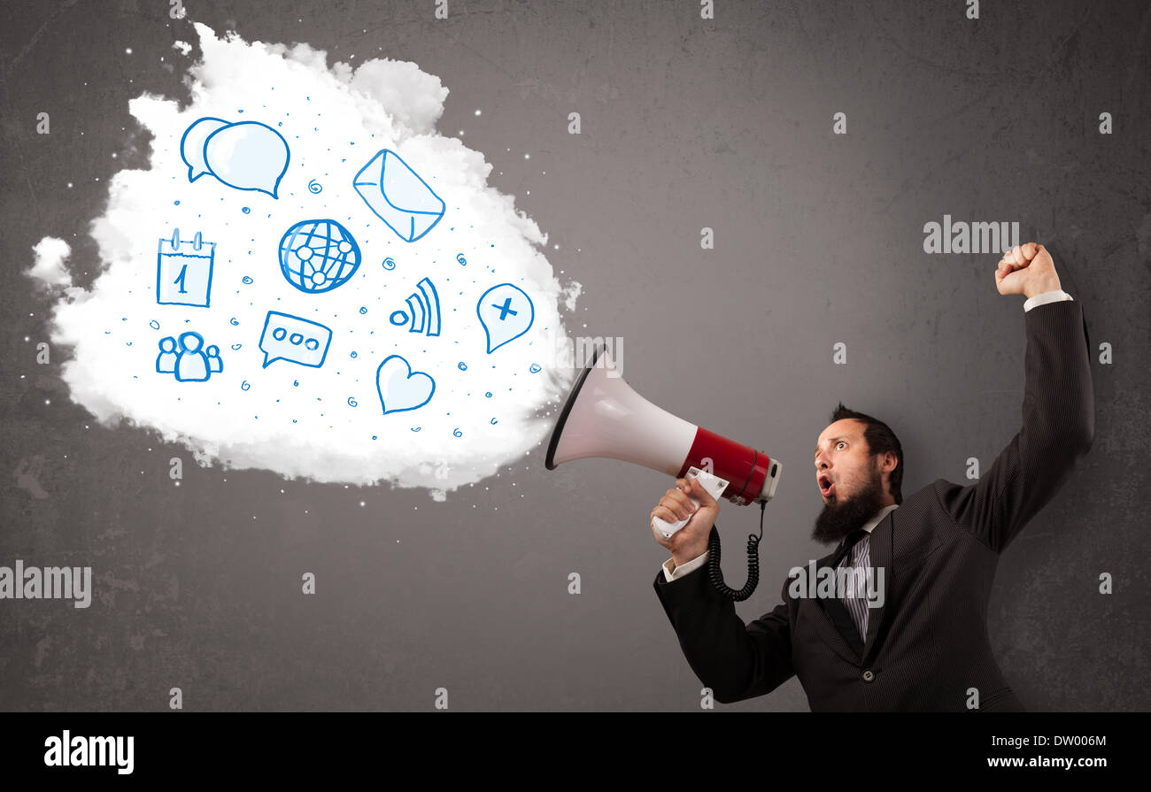 Man shouting into loudspeaker and modern blue icons and symbols come ...
