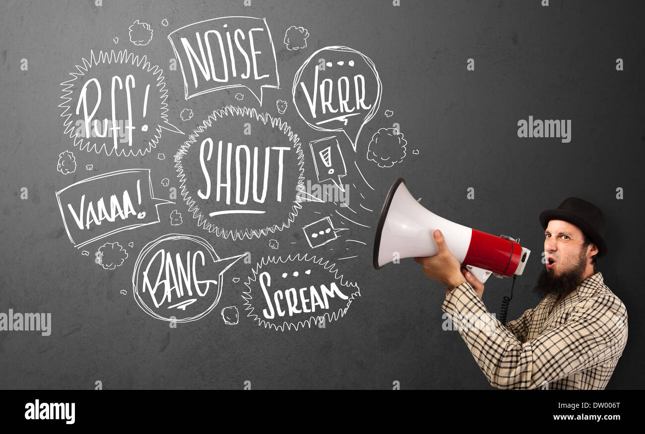 Guy in suit yelling into megaphone and hand drawn speech bubbles come ...