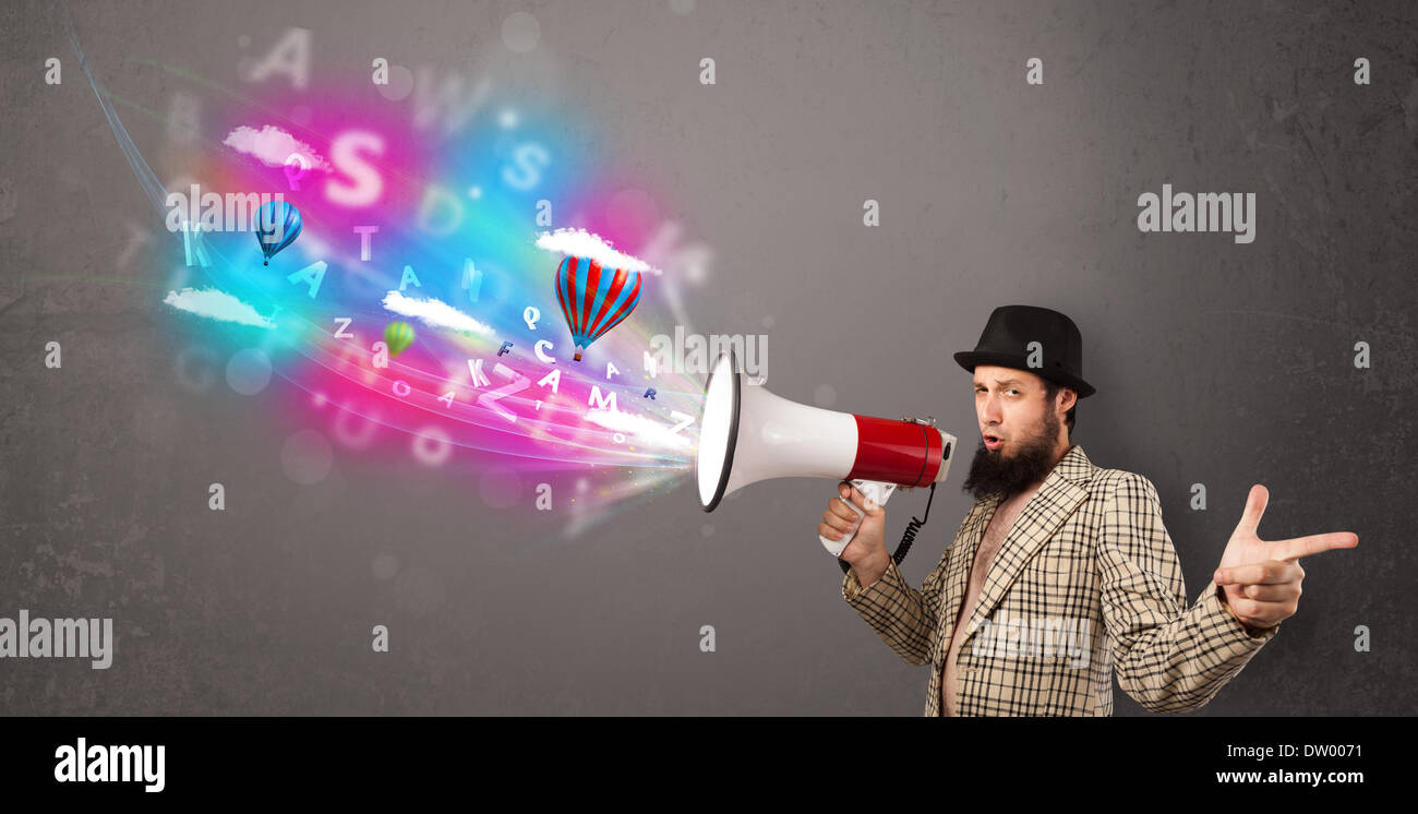 Man shouting into megaphone and abstract text and balloons come out ...