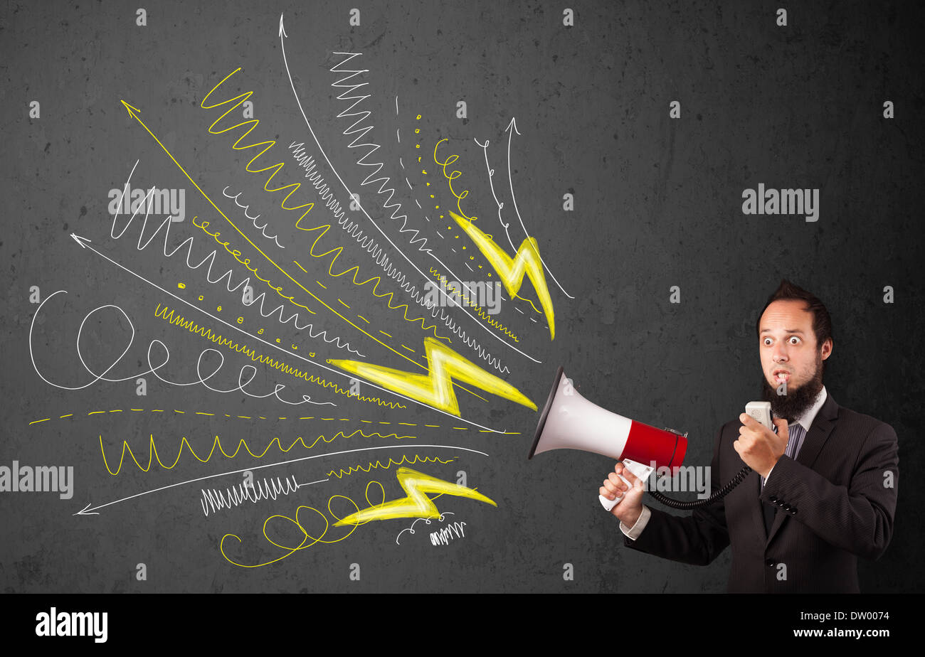 Leader guy shouting into megaphone with hand drawn lines and arrows ...