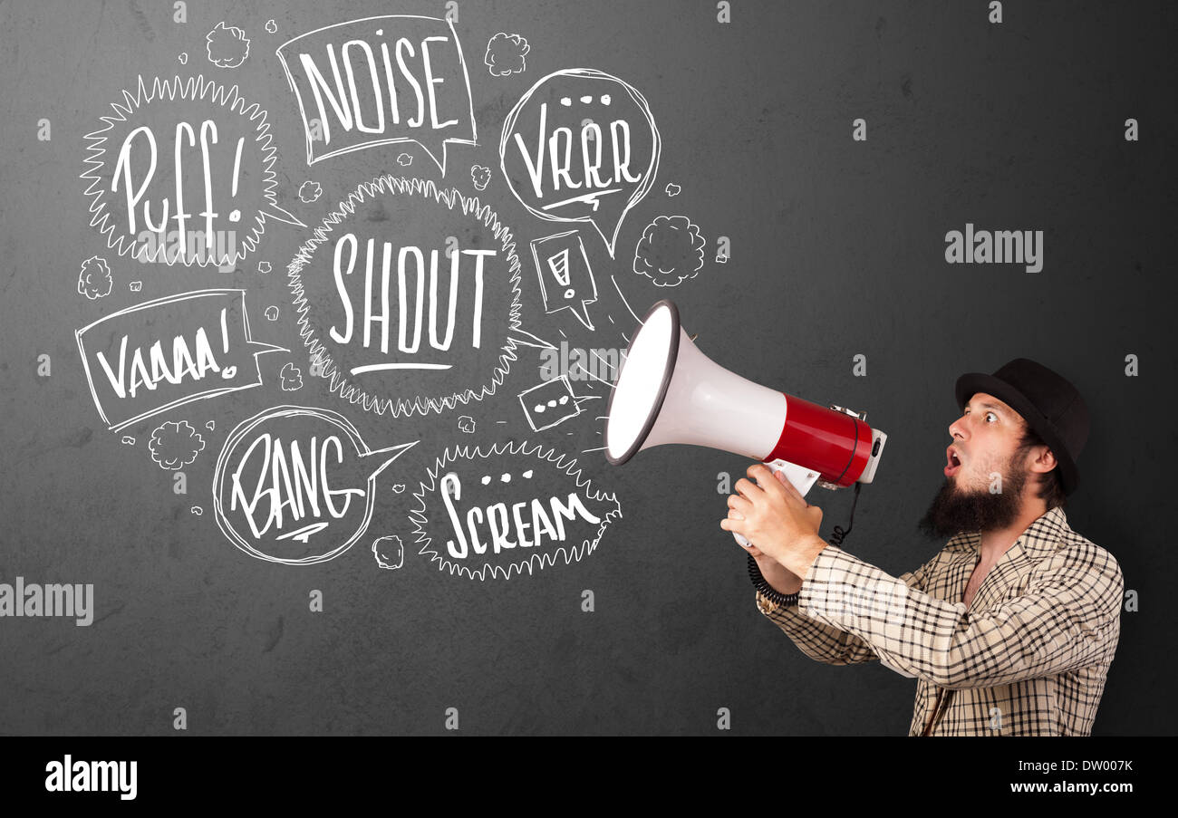 Guy in suit yelling into megaphone and hand drawn speech bubbles come ...