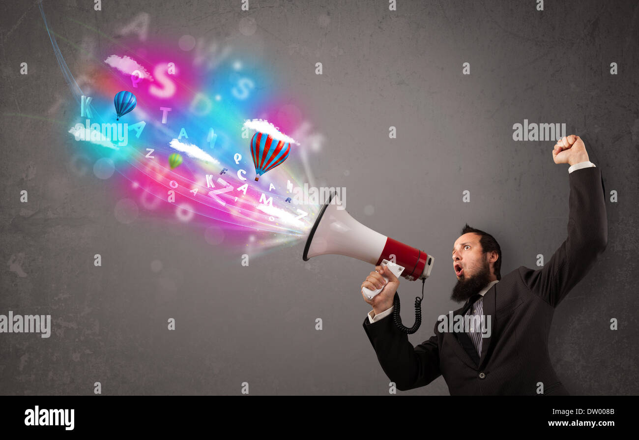Man shouting into megaphone and abstract text and balloons come out ...