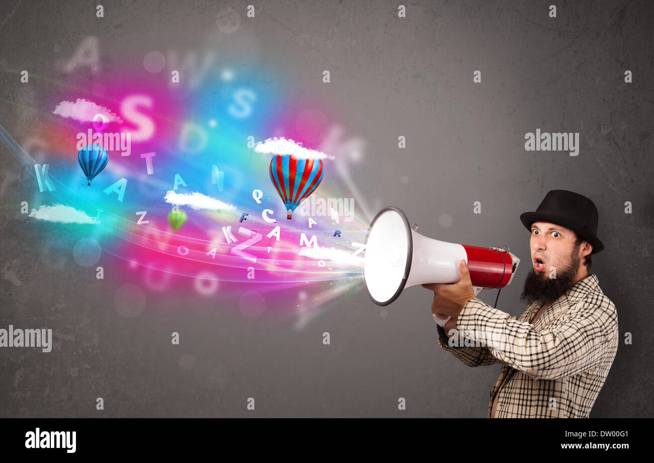 Man shouting into megaphone and abstract text and balloons come out ...