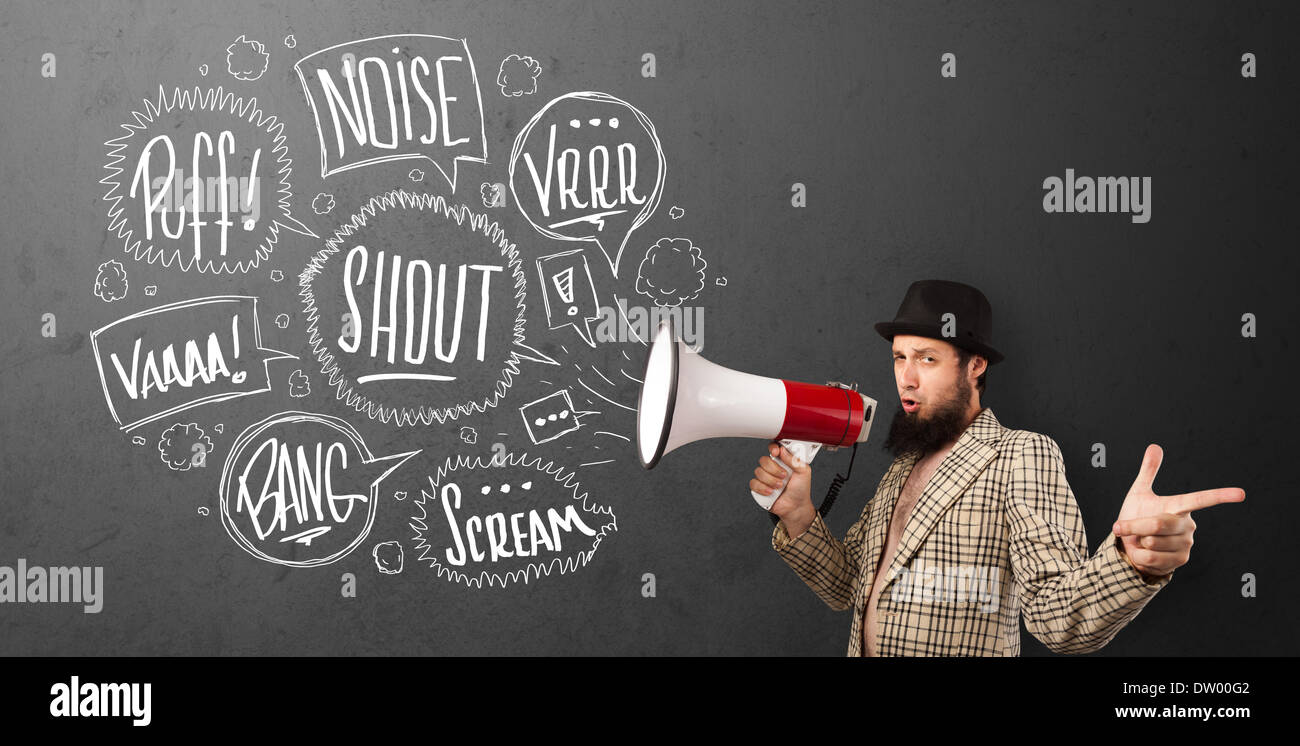 Guy in suit yelling into megaphone and hand drawn speech bubbles come ...