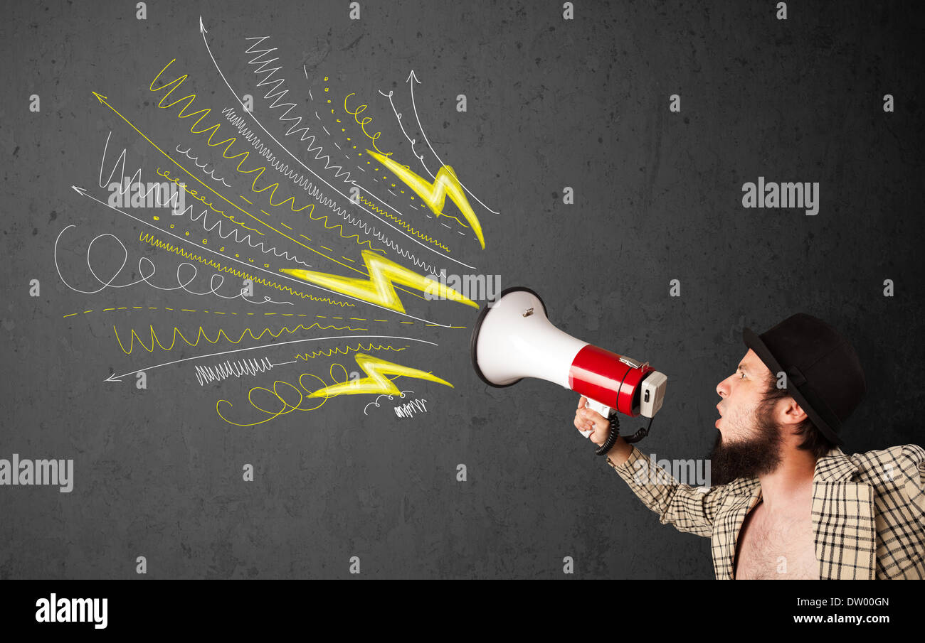 Leader guy shouting into megaphone with hand drawn lines and arrows ...