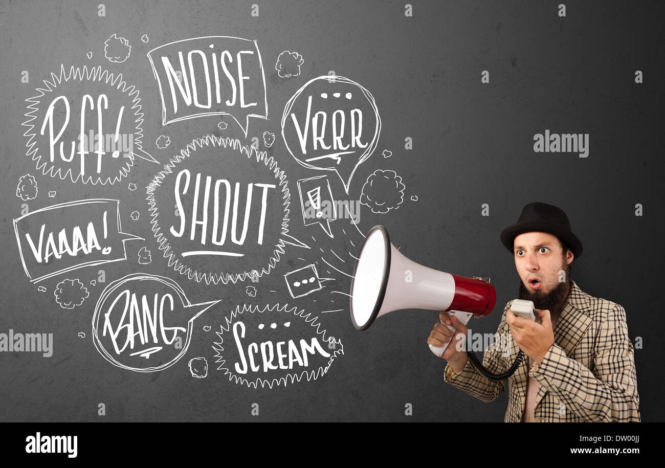 Guy in suit yelling into megaphone and hand drawn speech bubbles come ...