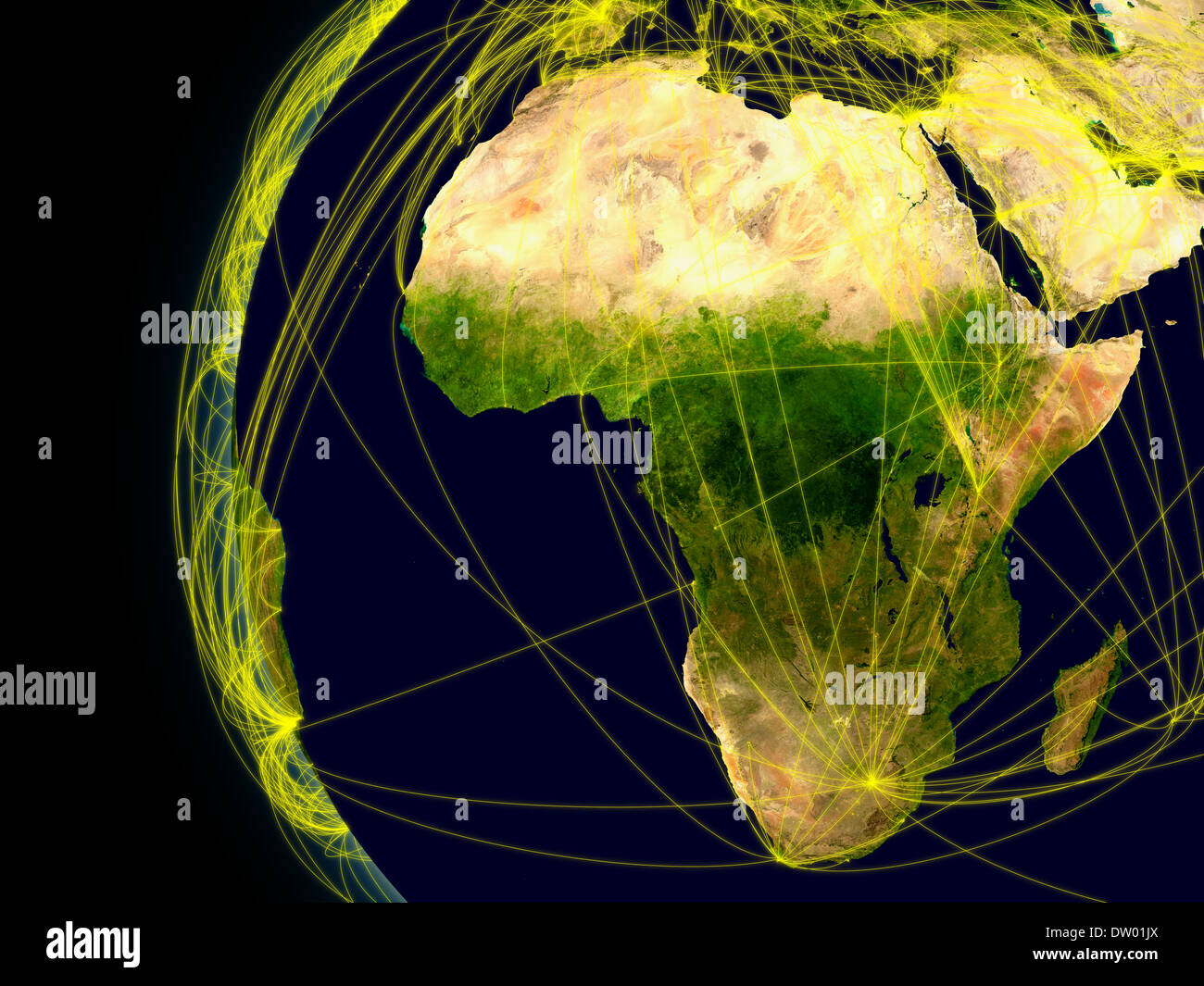 Africa viewed from space with connections representing main air traffic ...
