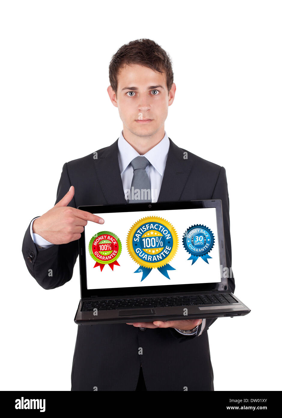 Business man pointing at a laptop computer Stock Photo - Alamy