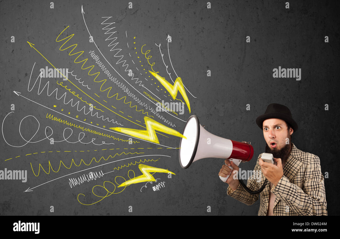 Leader guy shouting into megaphone with hand drawn lines and arrows ...