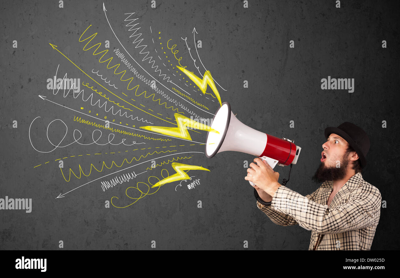 Leader guy shouting into megaphone with hand drawn lines and arrows ...