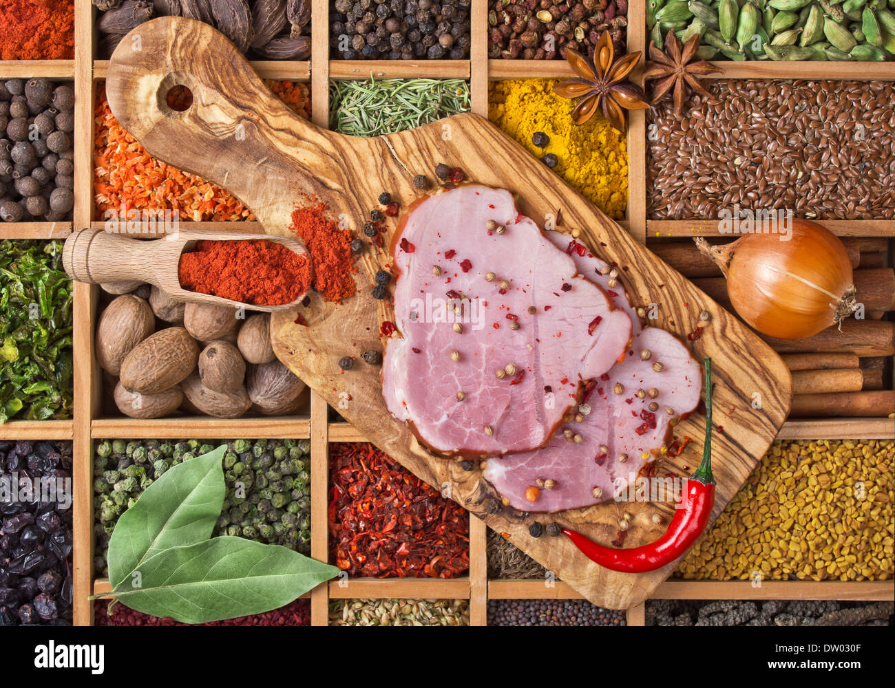 still life with boiled pork meat and spices Stock Photo - Alamy