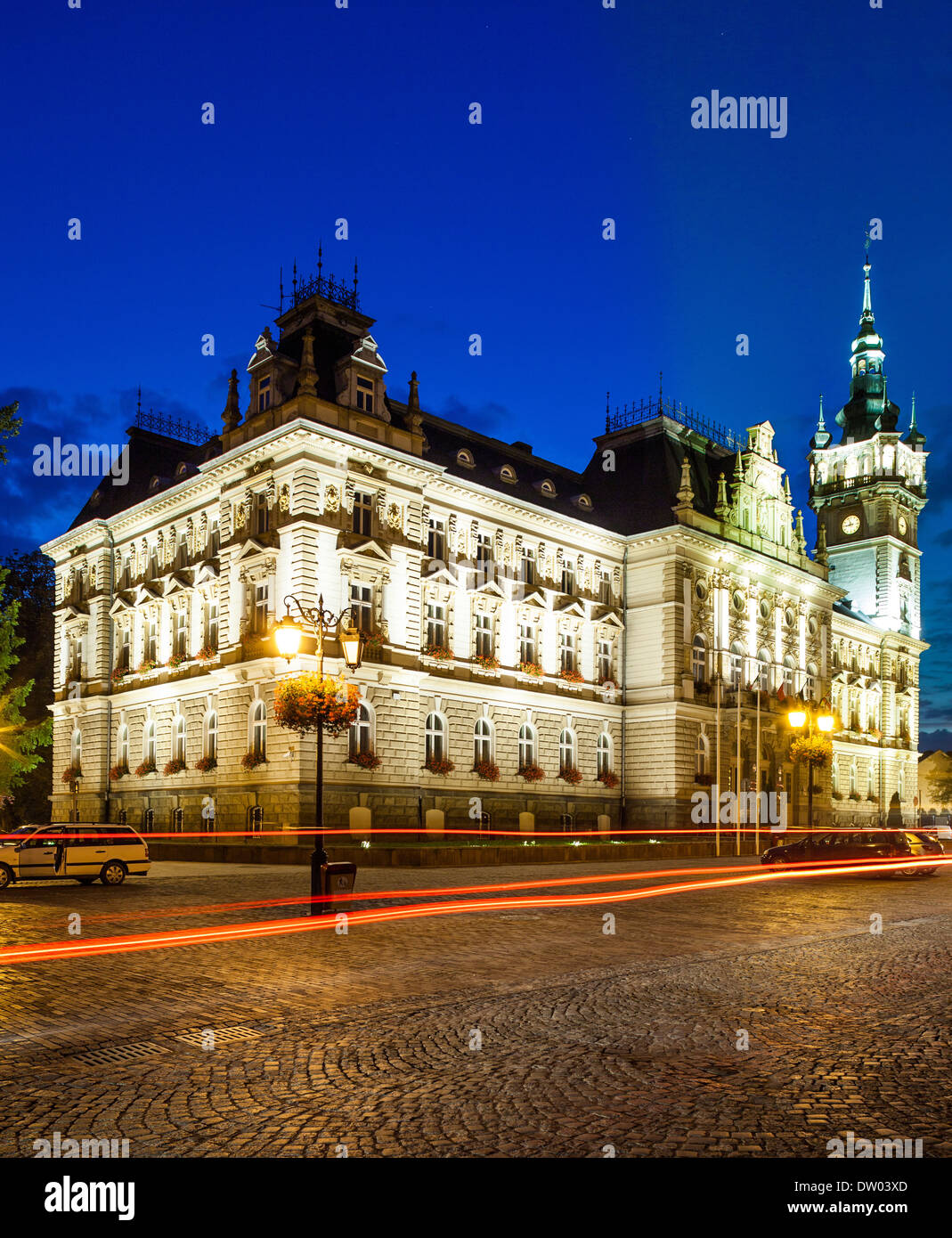 Night view of the Neo-Renaissance town hall in Bielsko-Biala, Poland ...