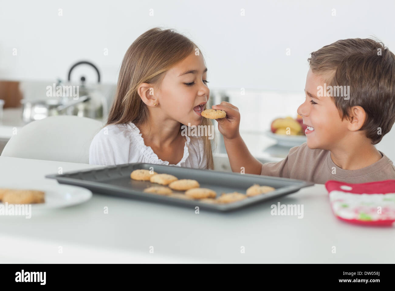 Brother giving a cookie to his sister Stock Photo - Alamy