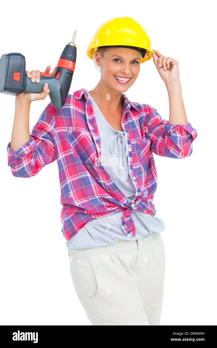 Woman holding power tool drill hi-res stock photography and images - Alamy
