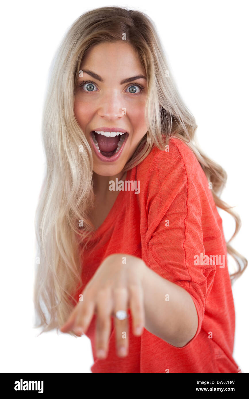 Excited woman showing her engagement ring Stock Photo - Alamy