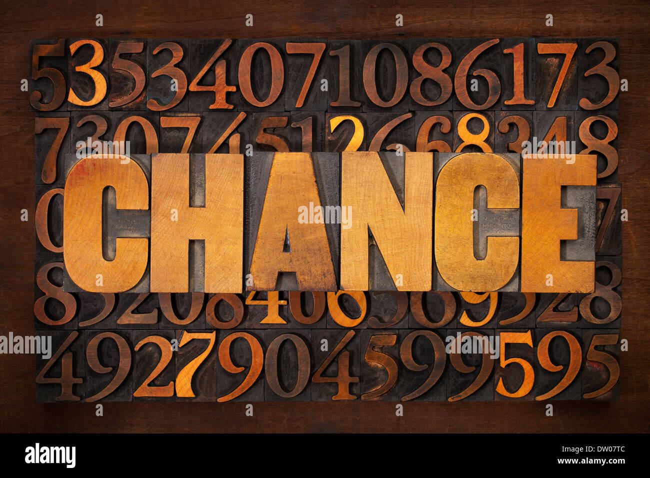 chance word in letterpress wood type against data numbers background ...
