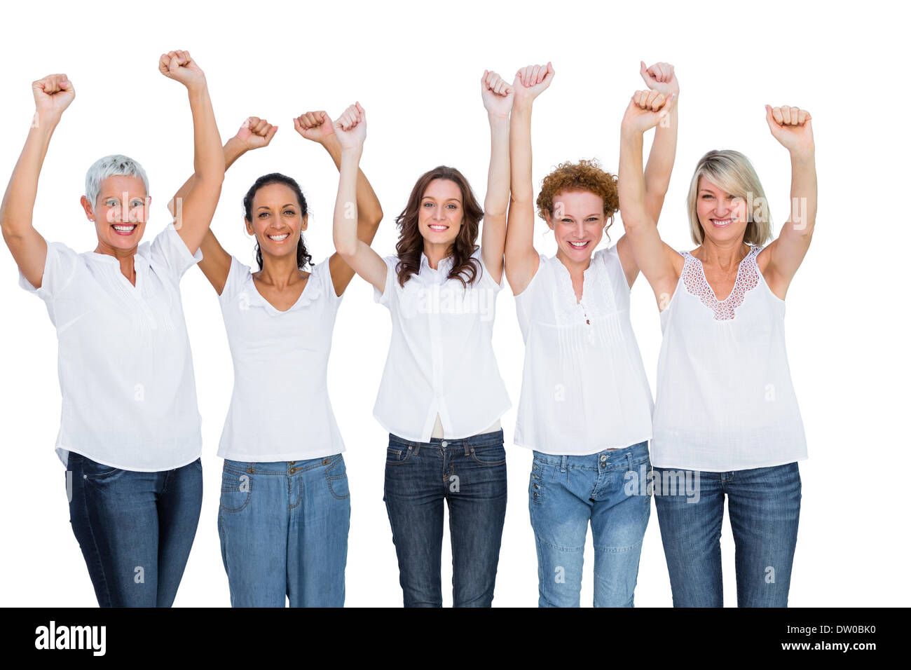 Smiling casual models posing with hands up Stock Photo - Alamy