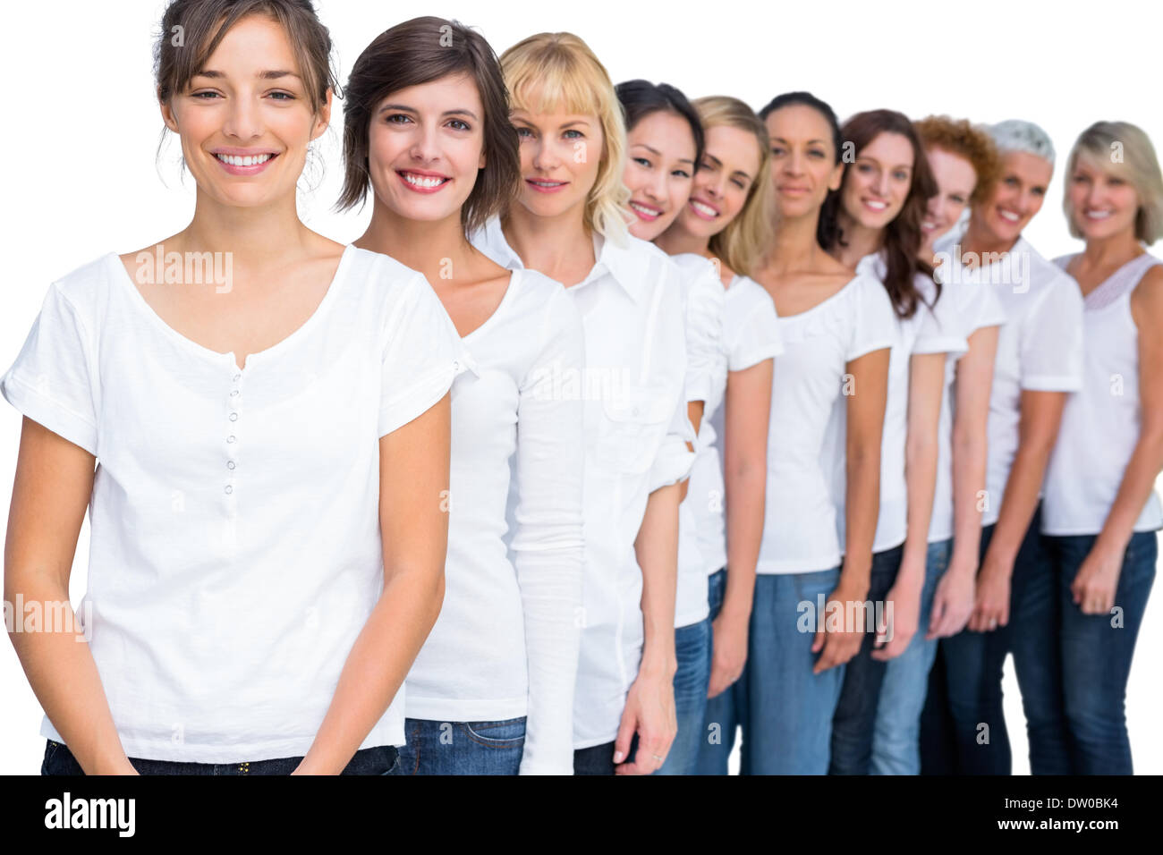 Cheerful models posing in a line Stock Photo - Alamy