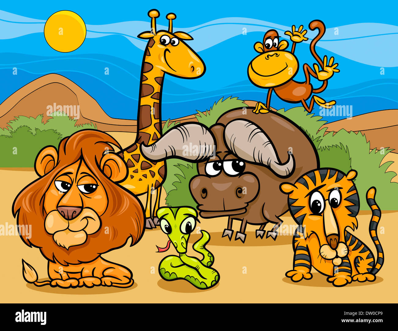 Cartoon Illustration of Scene with Wild African Animals Characters ...