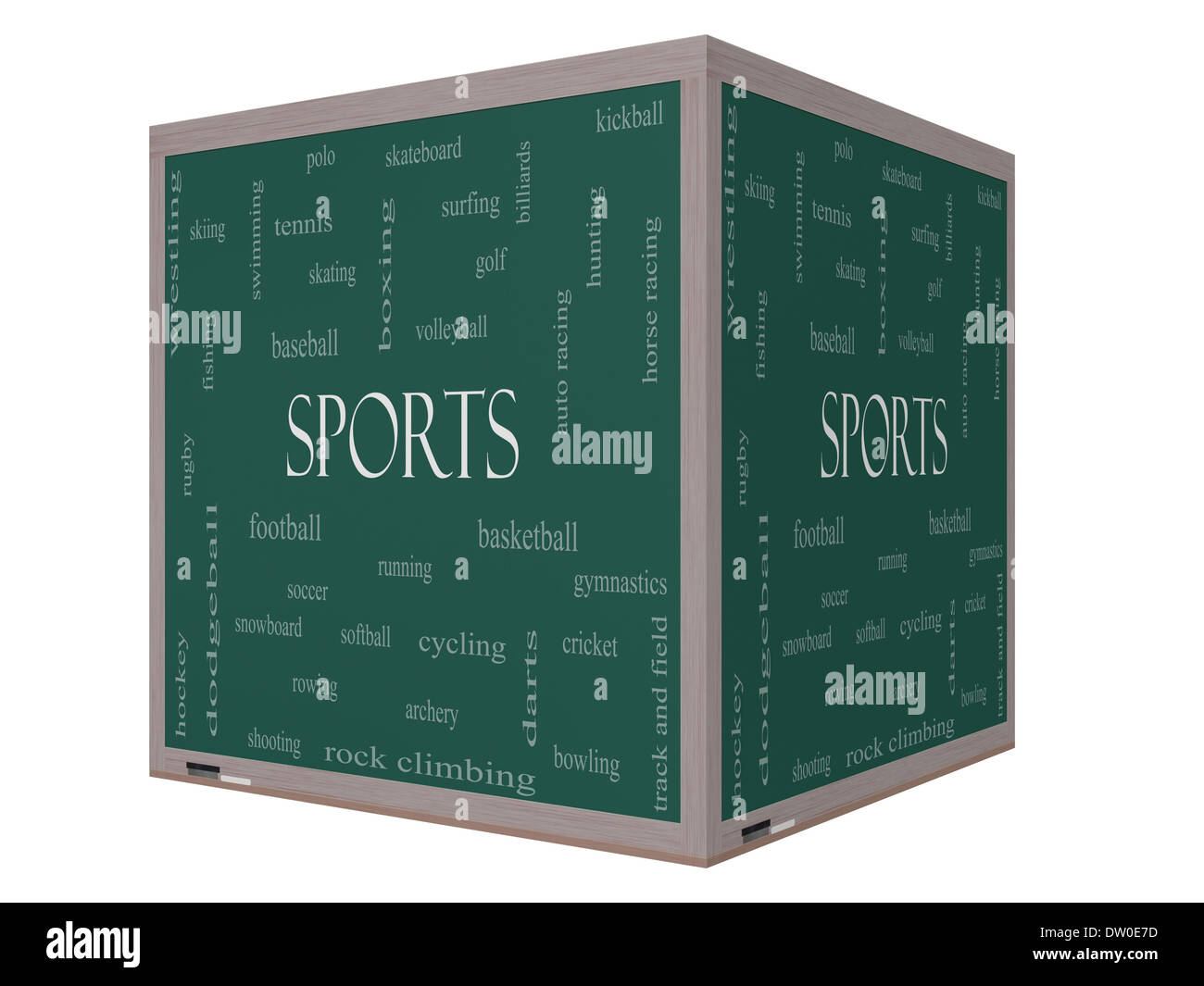 Sports Word Cloud Concept On A 3d Cube Blackboard With Great Terms Such