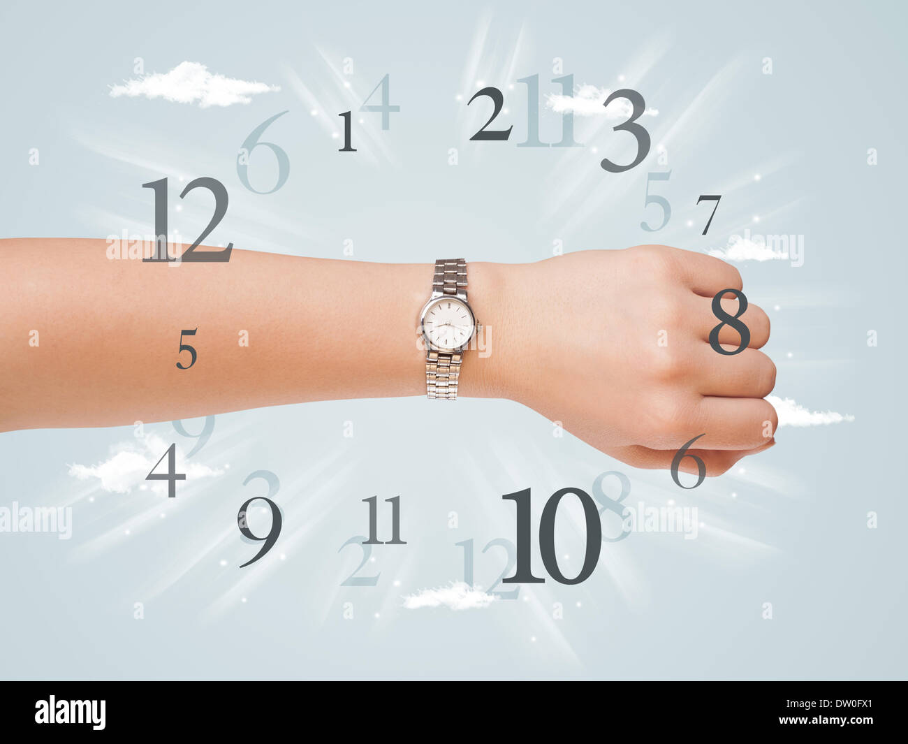 Hand with watch and numbers on the side comming out Stock Photo - Alamy