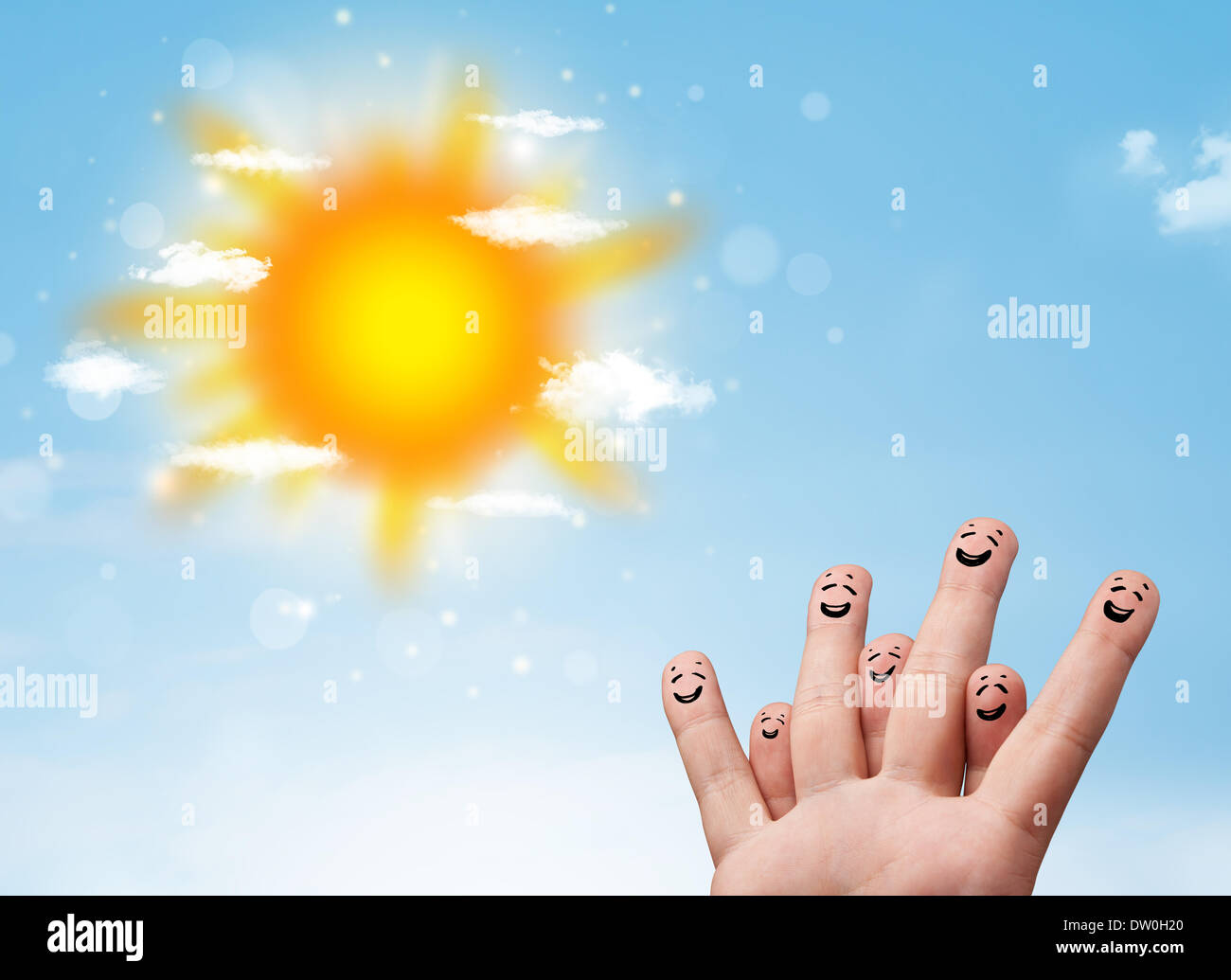 Cheerful finger smileys with bright sun and clouds illustration Stock ...