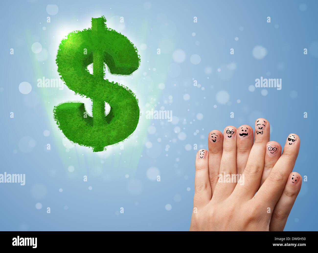 Happy smiley fingers looking at green leaf dollar sign Stock Photo - Alamy