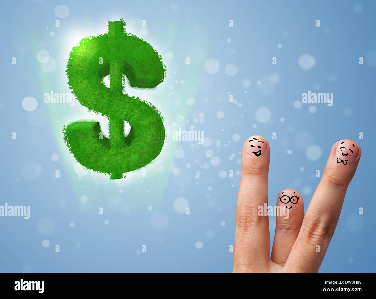 Happy smiley fingers looking at green leaf dollar sign Stock Photo - Alamy