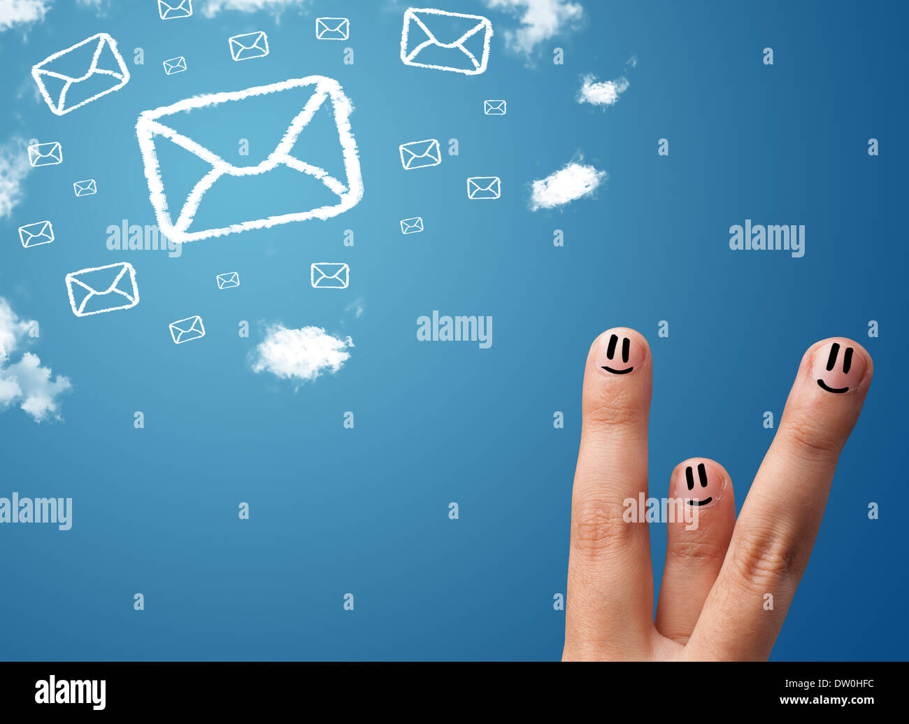 Happy smiley fingers looking at mail icons made out of clouds Stock ...