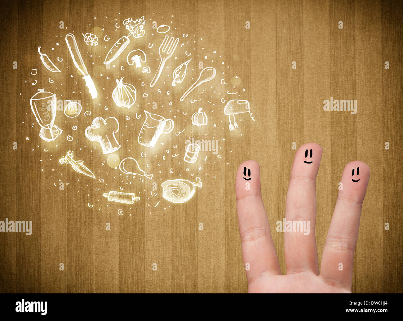 Cheerful finger smileys with food and kitchen hand drawn icons Stock ...