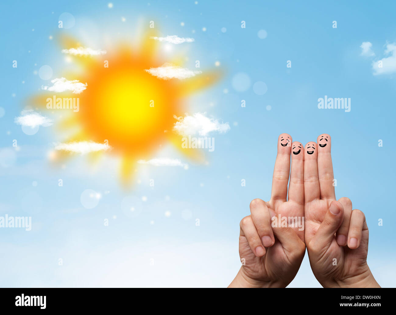 Cheerful finger smileys with bright sun and clouds illustration Stock ...