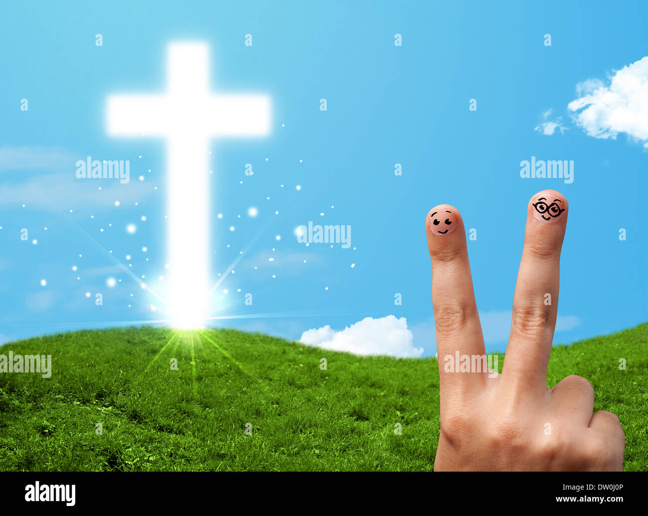 Happy finger smileys with christian religion cross Stock Photo - Alamy