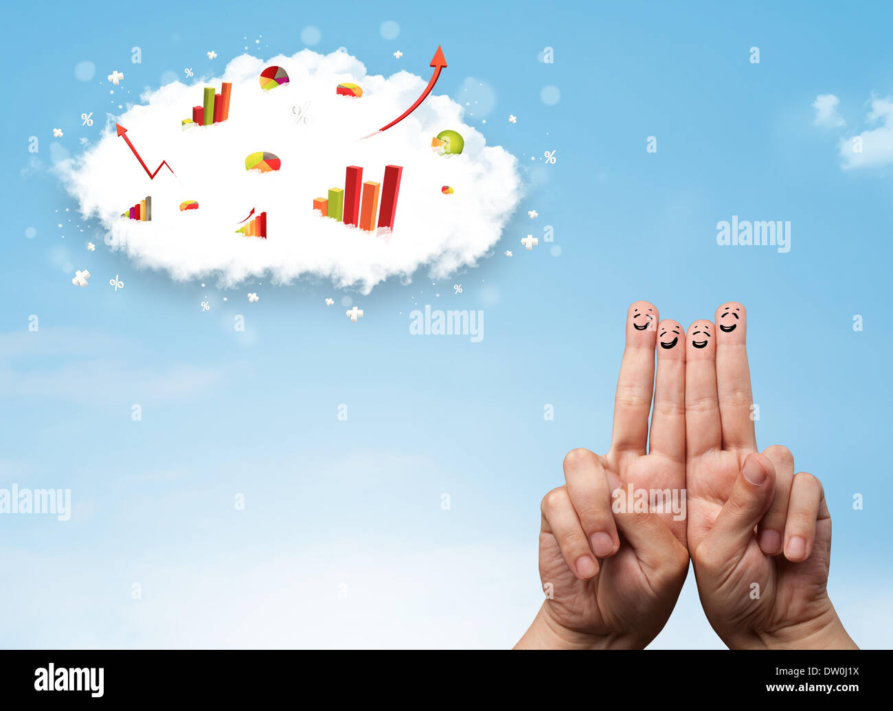 Happy finger smiley with graph cloud icons in the sky Stock Photo - Alamy