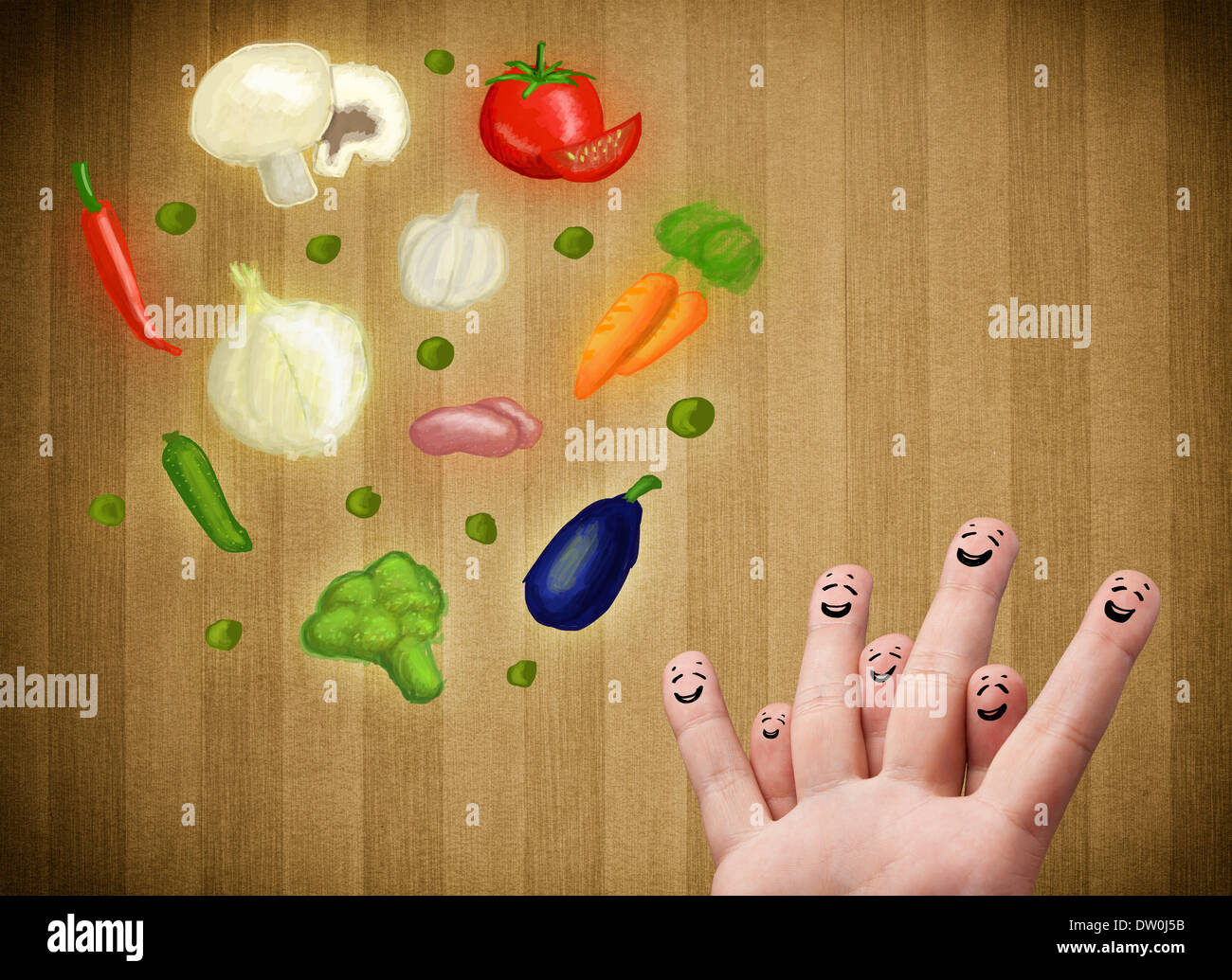 Happy smiley face fingers looking at illustration of colorful healthy ...