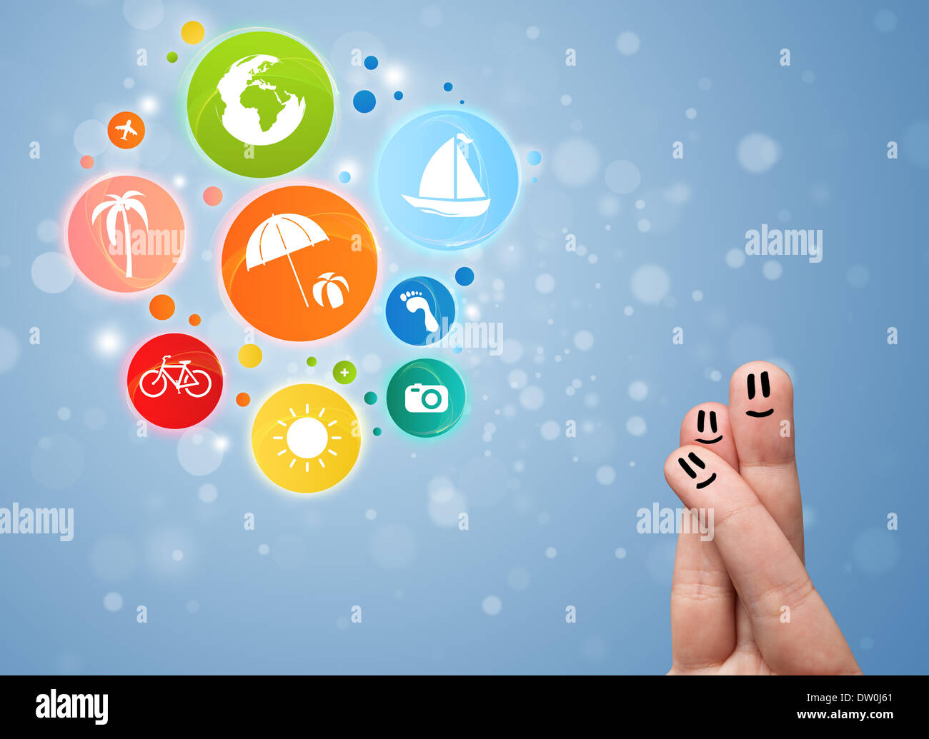 Cheerful finger smileys with colorful holiday travel bubble icons Stock ...
