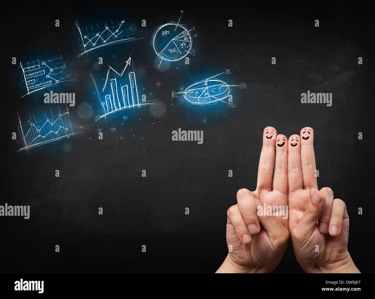 Happy finger smileys with blue chart icons and symbols Stock Photo - Alamy