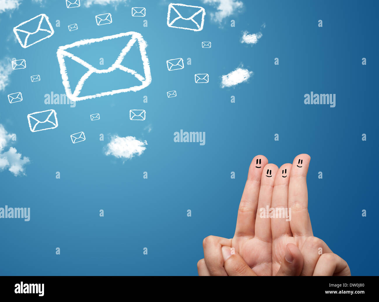 Happy smiley fingers looking at mail icons made out of clouds Stock ...