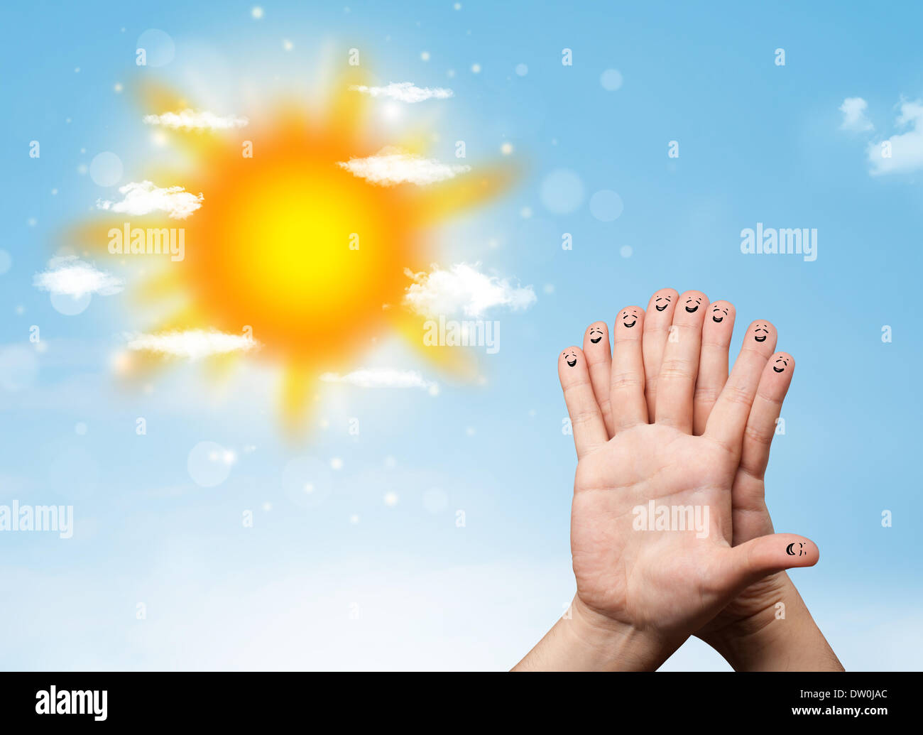 Cheerful finger smileys with bright sun and clouds illustration Stock ...
