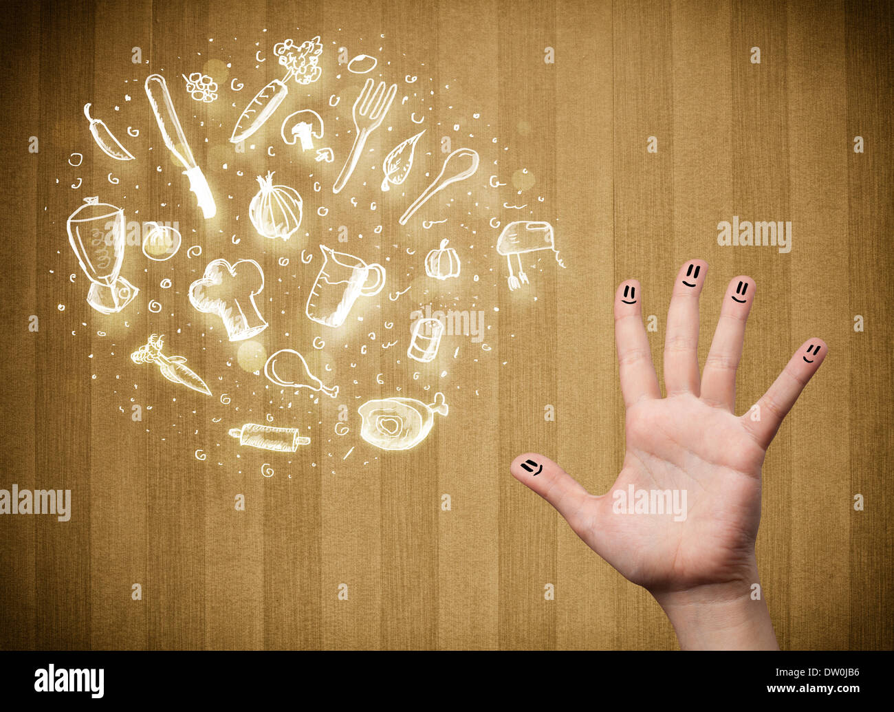 Cheerful finger smileys with food and kitchen hand drawn icons Stock ...