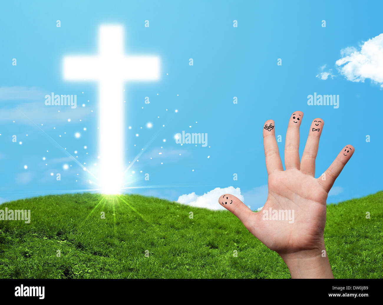 Happy finger smileys with christian religion cross Stock Photo - Alamy