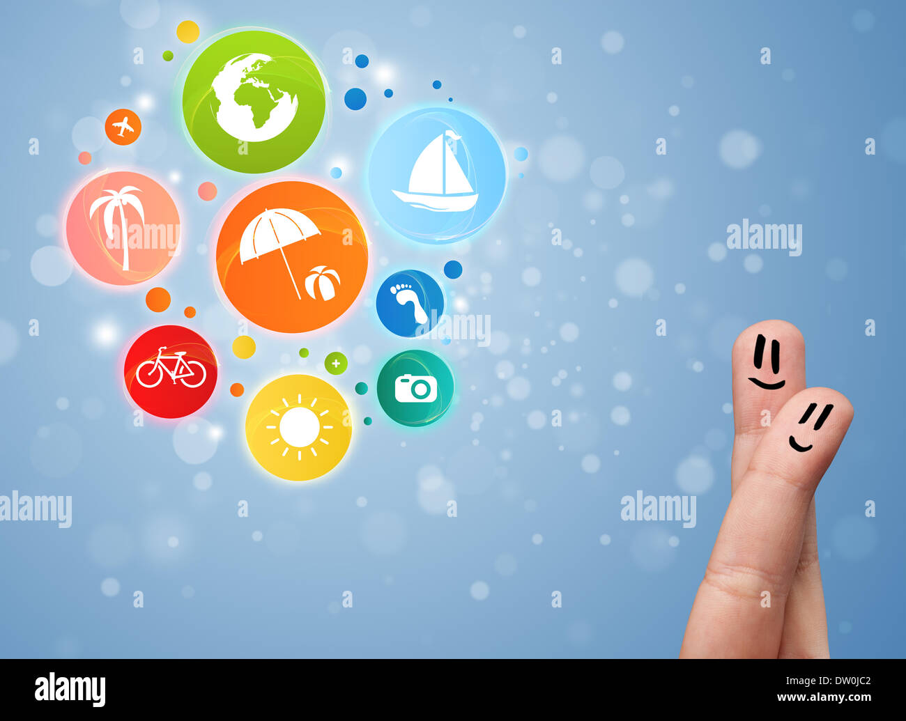 Cheerful finger smileys with colorful holiday travel bubble icons Stock ...