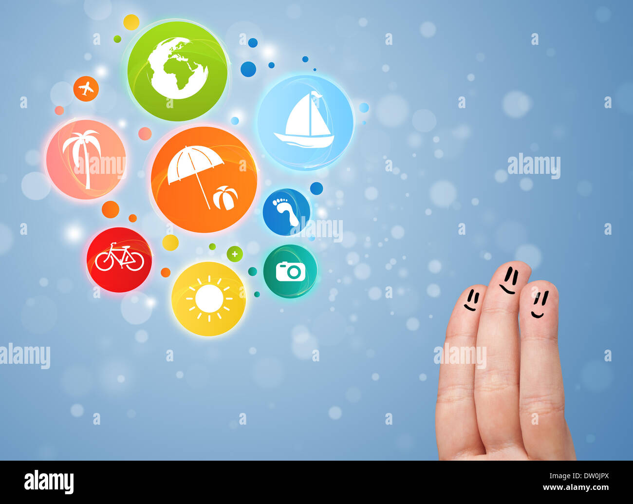 Cheerful finger smileys with colorful holiday travel bubble icons Stock ...