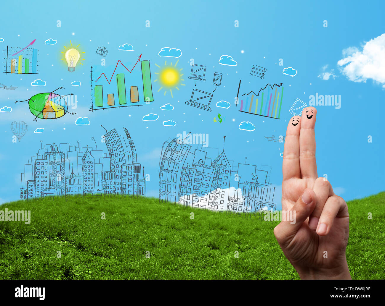 Happy smiley fingers looking at hand drawn urban city landscape Stock ...