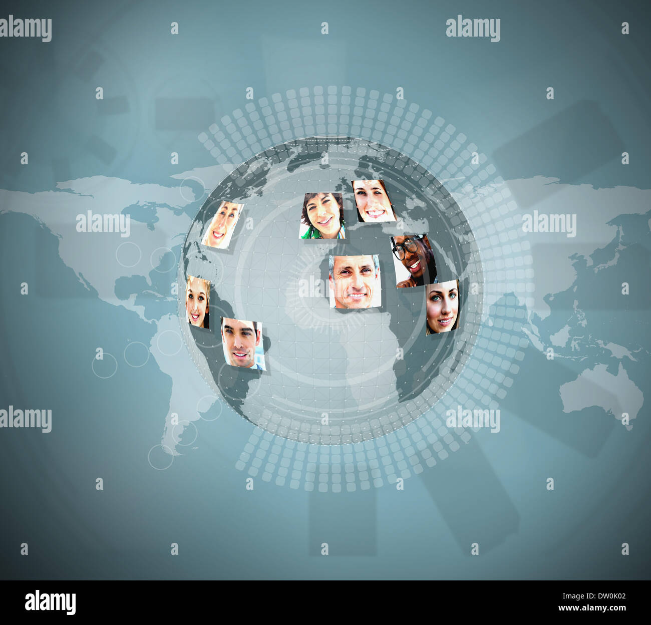 Profile pictures placed on a earth graphic Stock Photo - Alamy