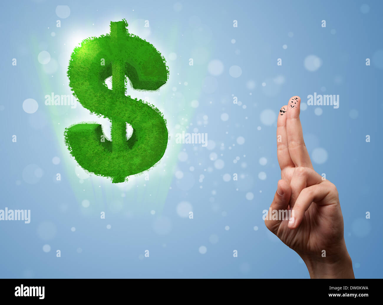 Happy smiley fingers looking at green leaf dollar sign Stock Photo - Alamy